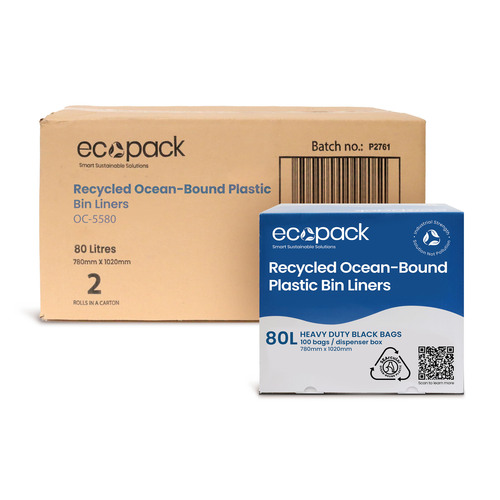 80L Ocean/Recycled Bin Liners in Dispenser Box (Black) Carton 200 - Ecopack